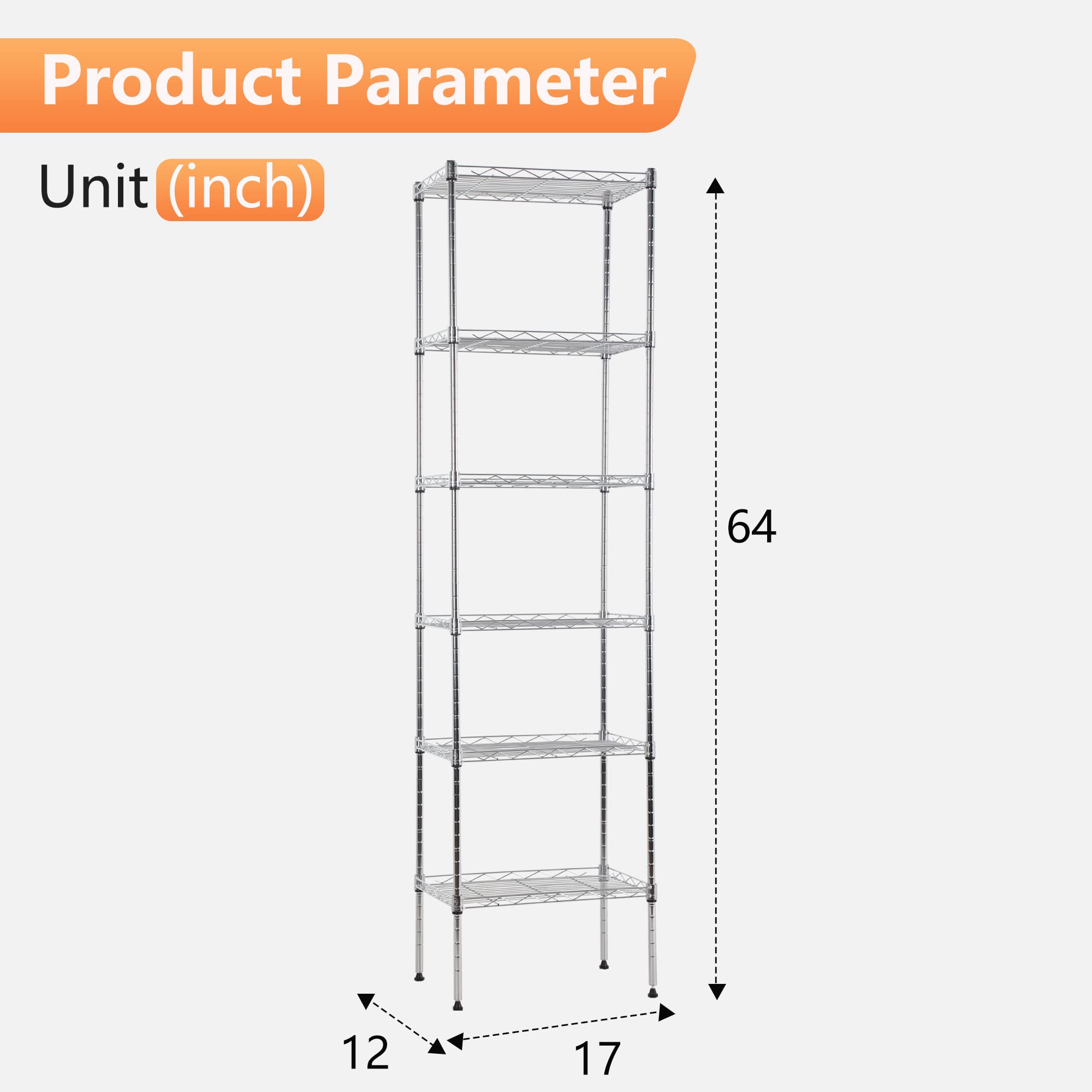 FDW 6 Tier Wire Shelving 17L x 12W x 64H Pantry Shelves Storage Rack Shelving Units Adjustable Metal Shelves for Kitchen Commercial Garage Small Places,Chrome
