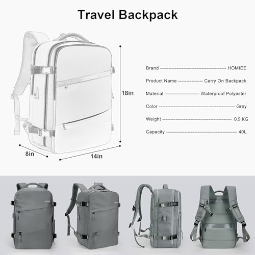 HOMIEE Carry On Bag, Travel Backpack Flight Approved Personal Item Size, Waterproof Luggage Daypack Lightweight Weekender Bag Business Backpack Fits 15.6 Inch Laptop, Grey