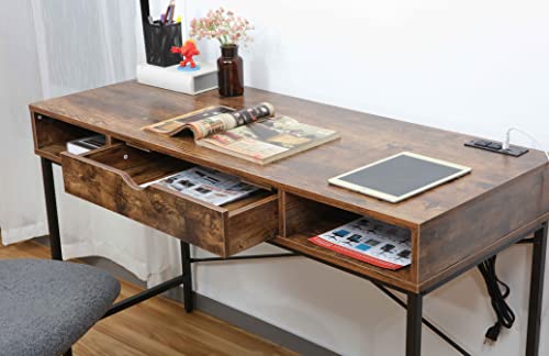 JJS 48' Writing Desk with Power Outlet, Home Office Contemporary Large Computer Desk Laptop Workstation with Drawer USB Ports Charging Station, Rustic Brown
