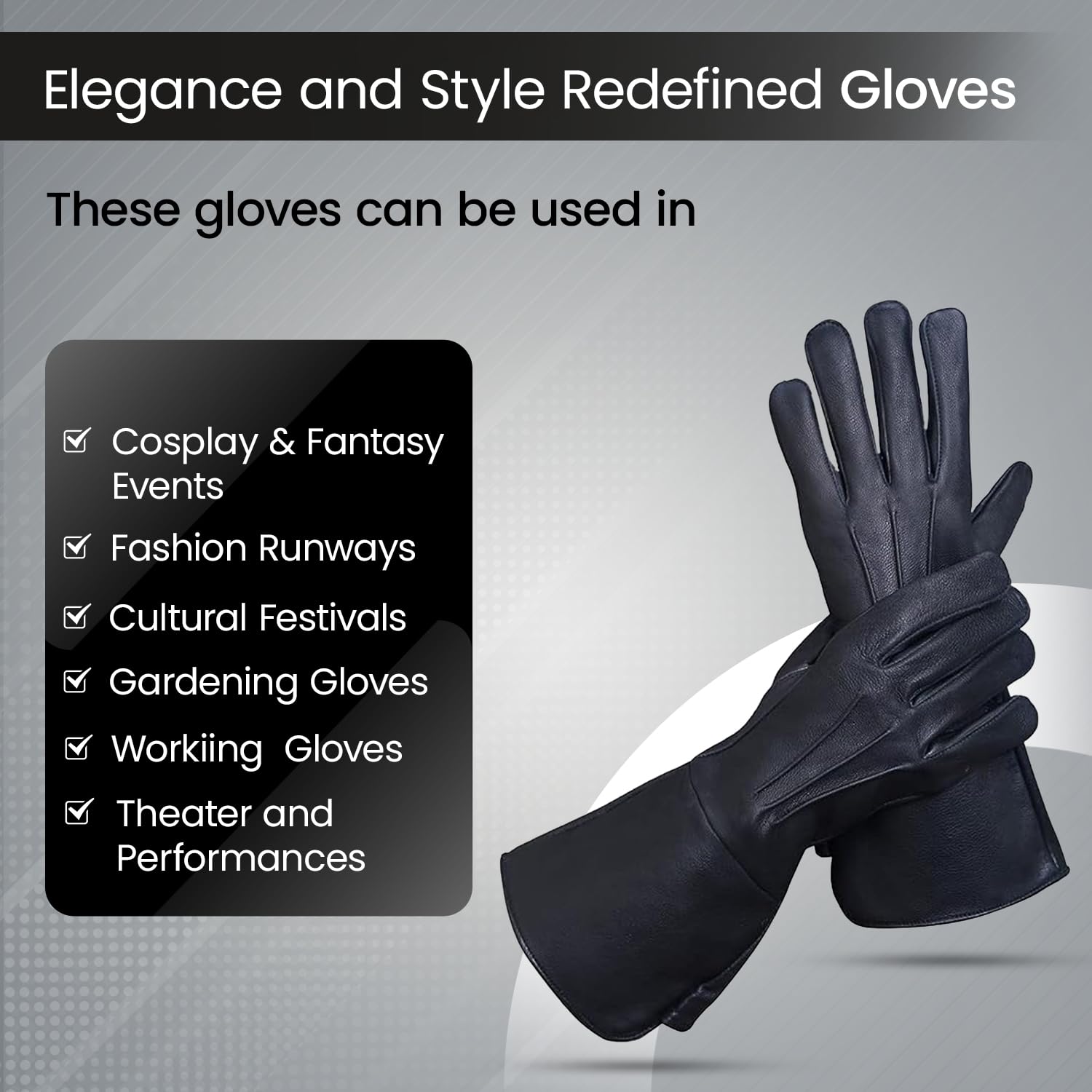 BlingSun Men’s Medieval Renaissance Gloves Pure Black Lambskin Unlined Leather Cosplay Gauntlet Gloves Long Arm Cuff (Medium)