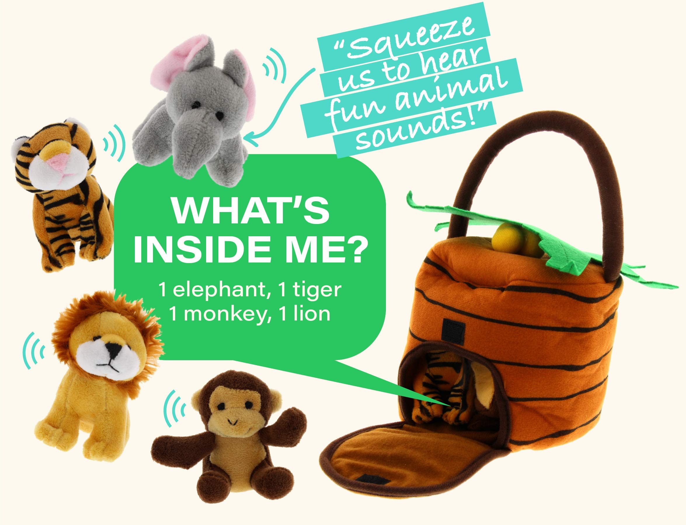 Jungle Animals Talking Plush Baby Toy – 5 Piece Small Stuffed Animals Set Including Jungle House Carrier and Stuffed Monkey, Lion, Tiger & Elephant – These Mini Toys are Ideal for Boys and Girls