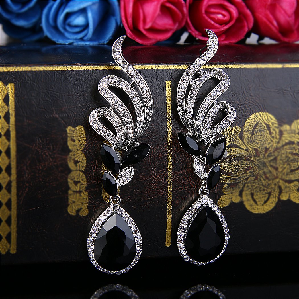 BriLove Wedding Bridal Dangle Earrings for Women Elegant Crystal Vine Leaf Teardrop Earrings Silver-Tone Black