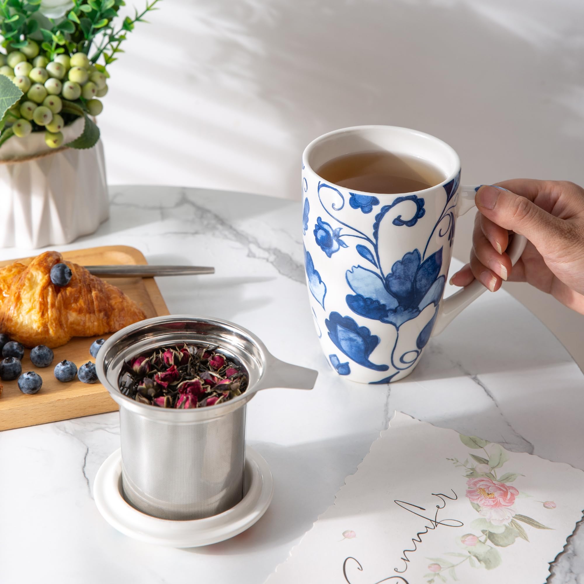 GBHOME Tea Mug with Infuser and Lid, 18 Ounce Large Ceramic Loose Leaf Tea Cup, Microwave, Dishwasher Safe Tea Steeping Mug, Pefect Gift For Tea Lover.