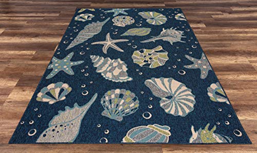 GAD Great American Distributors Sanibel Premium Indoor Outdoor Area Rug Accented Island Seaside Seashell Aquatic Marine Life Design Navy Blue/Gray (5'3"x7'7")