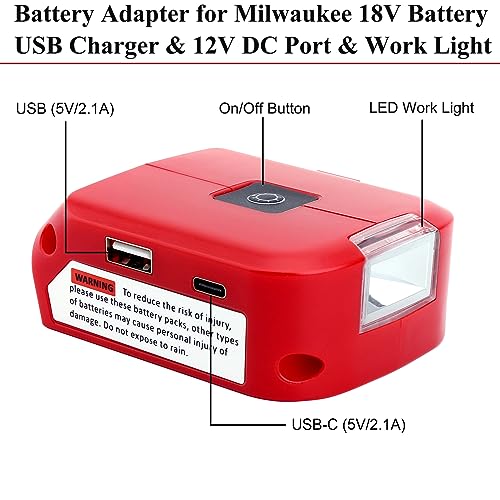 Dual USB Charger Adapter Replacement for Milwaukee M18 Power Source 49-24-2371 with LED Work Light, Compatible with Milwaukee M18 Battery 48-11-1850 48-11-1862 48-11-1820