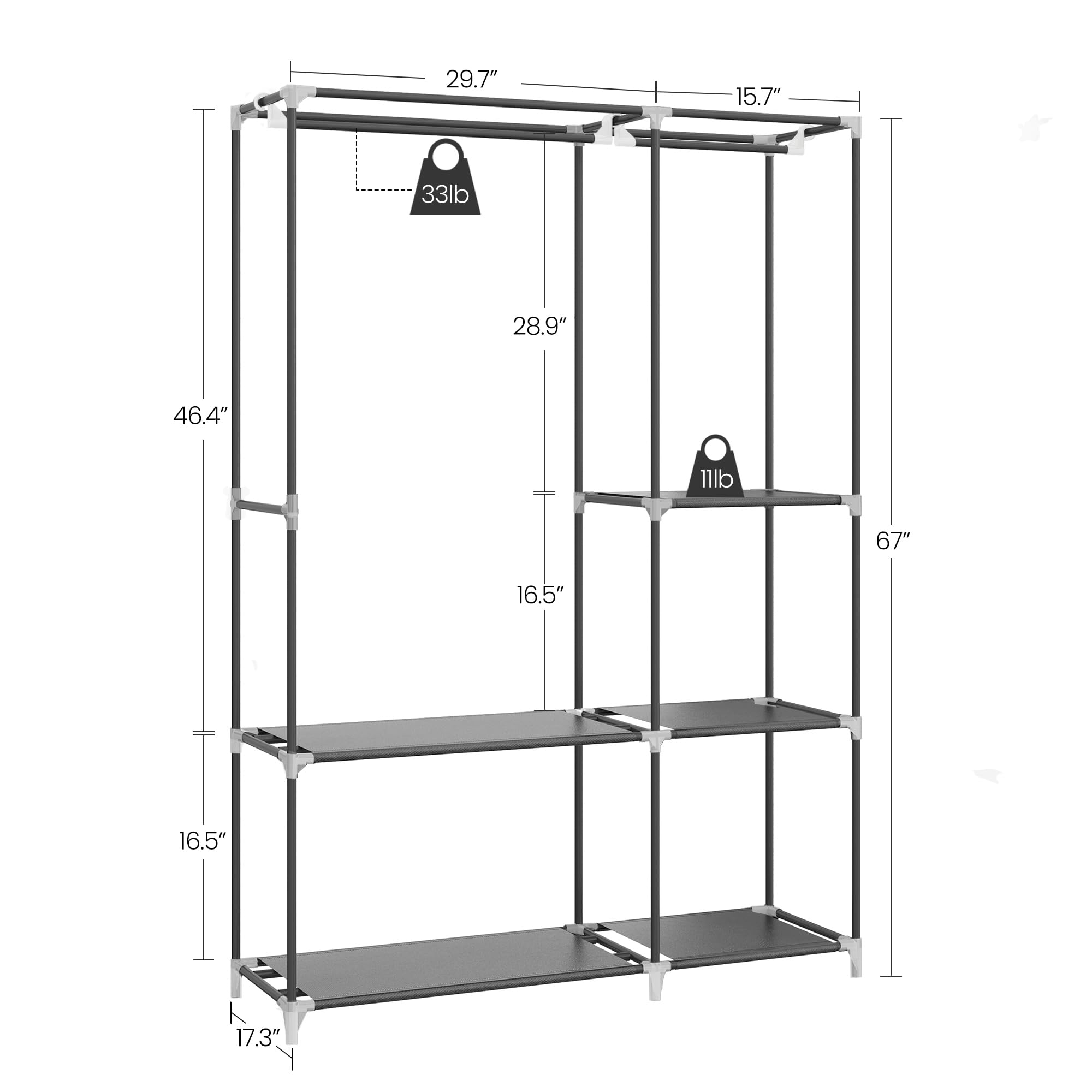 Hzuaneri 47.6-inch Closet Wardrobe, Portable Closet for Bedroom, 2 Clothes Rail with Non-Woven Fabric Cover, Clothes Storage Organizer, 5 Compartments, Black WO0503BC
