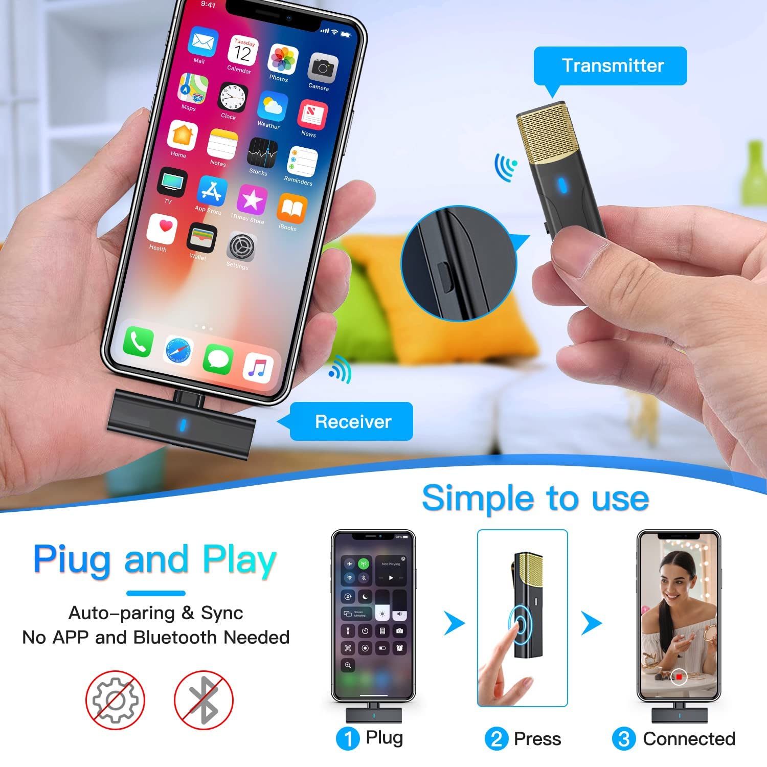 Wireless Lavalier Microphone for iPhone iPad, Plug-Play Mini Wireless Mic for Recording/YouTube/TikTok/Facebook Live Stream, Little External Microphone for Phone(Noise Reduction Auto-Sync)