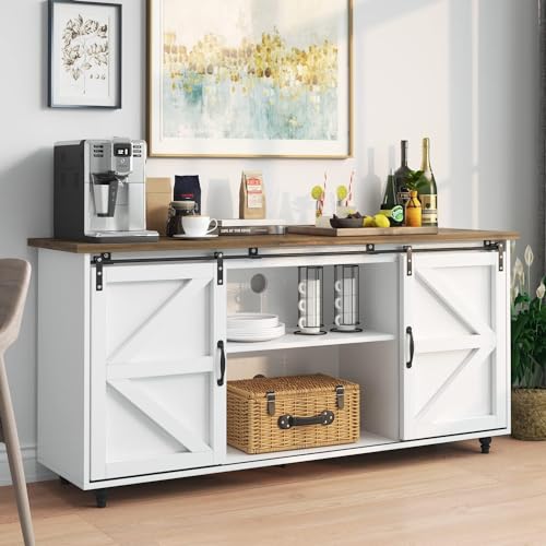 Farmhouse Coffee Bar Cabinet, 58β Kitchen Sideboard Buffet Cabinet with Storage, White Coffee Bar Table with Sliding Barn Door for Dinning Living Room