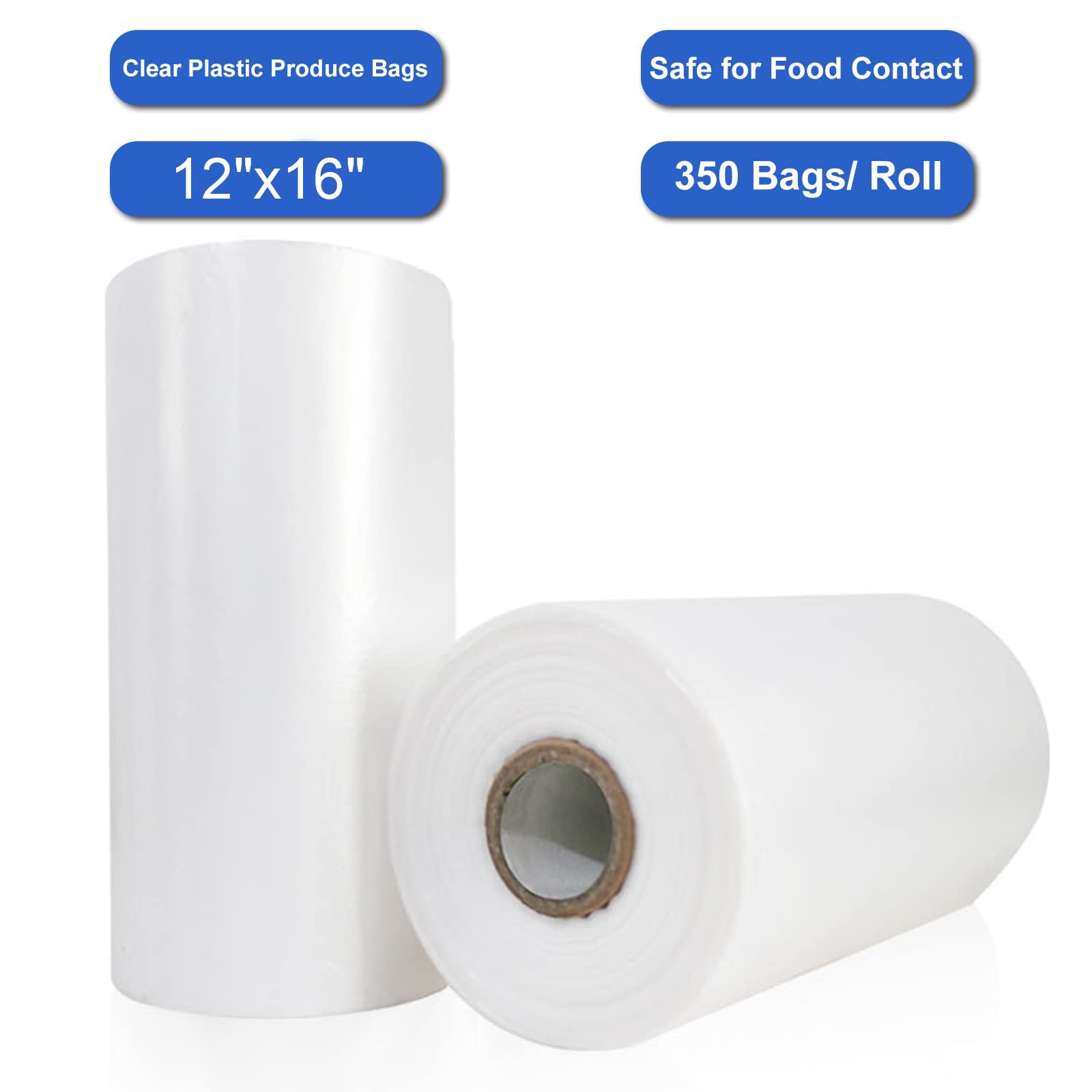 LabelMore 12'' x 16'' Plastic Produce Bags on a Roll, Clear, Food Storage Bags for Bread, Vegetable, Fruits and Meat, 350 Bags/Roll