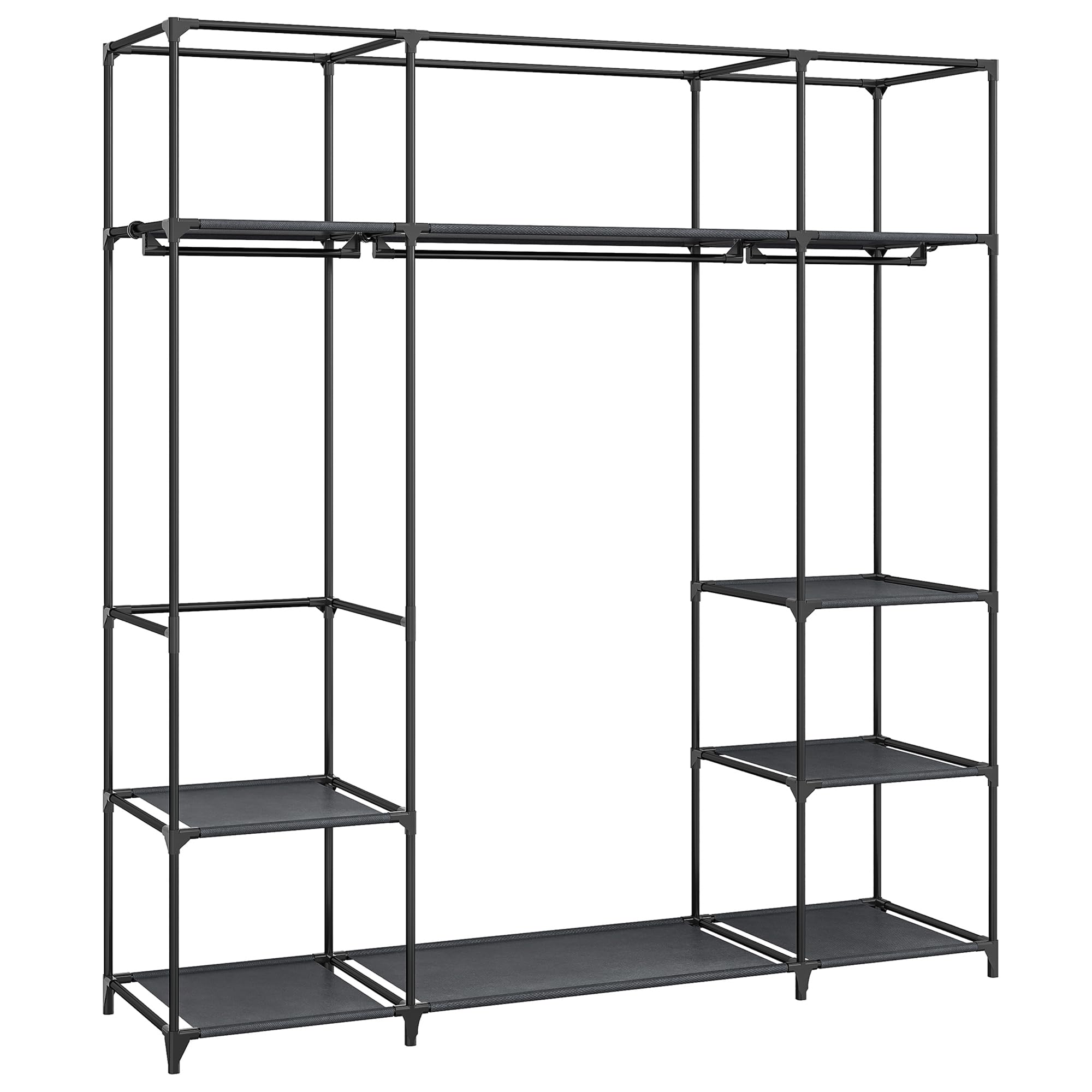 Hzuaneri Closet Wardrobe, 64-inch Portable Closet for Bedroom, 3 Clothes Rail with 9 Compartments Shelves, Freestanding Clothes Storage Organizer for Cloakroom, Black WH0203