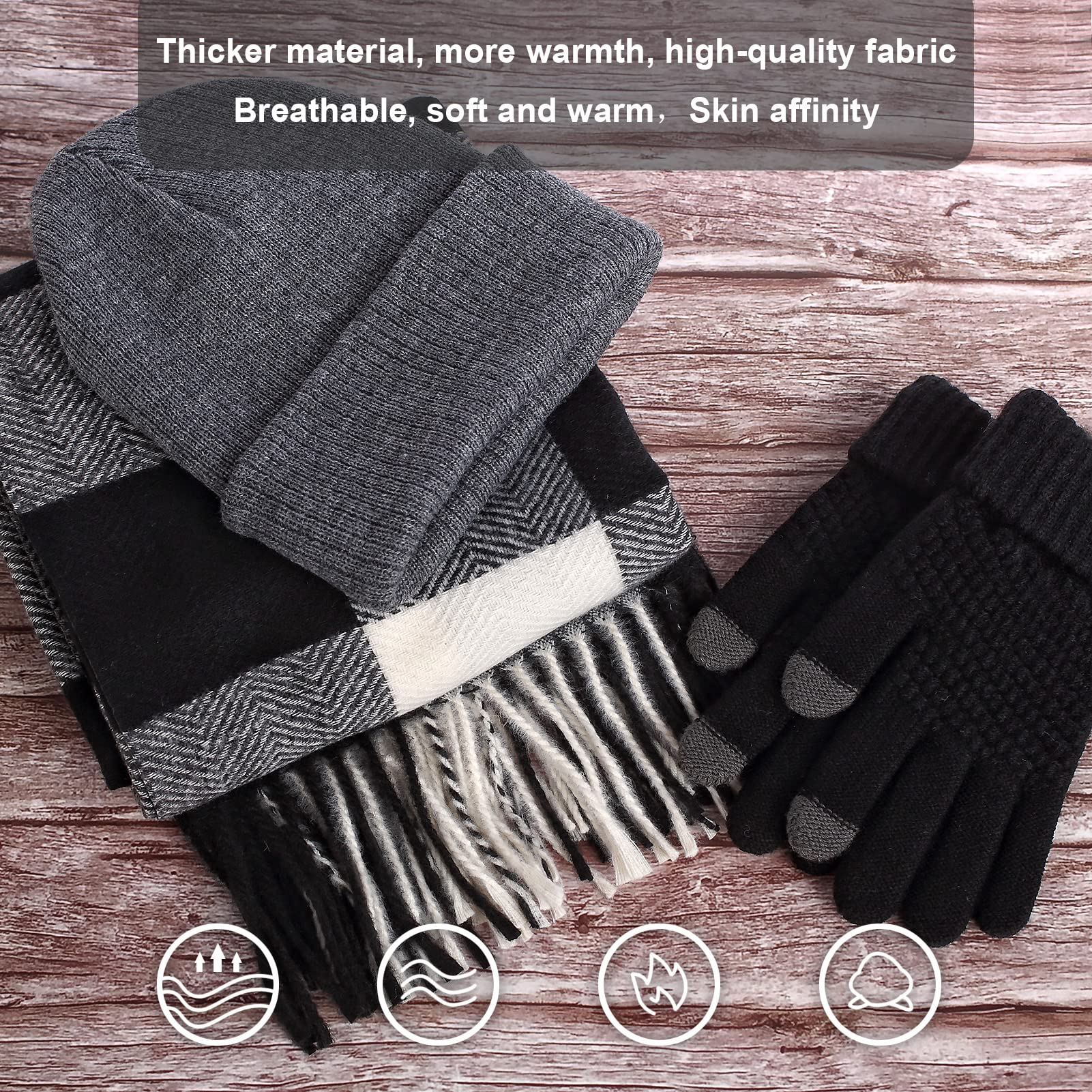 Black Plaid Full Cover Winter Warm Set, Scarf Beanie Hat Screen Gloves for Men Women