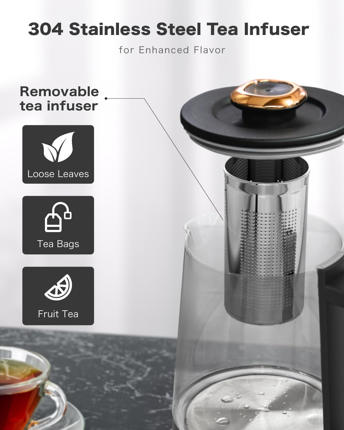 Feekaa Electric Tea Kettle, Tea Pot with Removable Infuser for Loose Leaf Tea, Tea Maker with Time &Temperature Control, Glass Health Pot, 10 Menus Tea/Coffee/Milk/Yogurt, 1.5L, Black