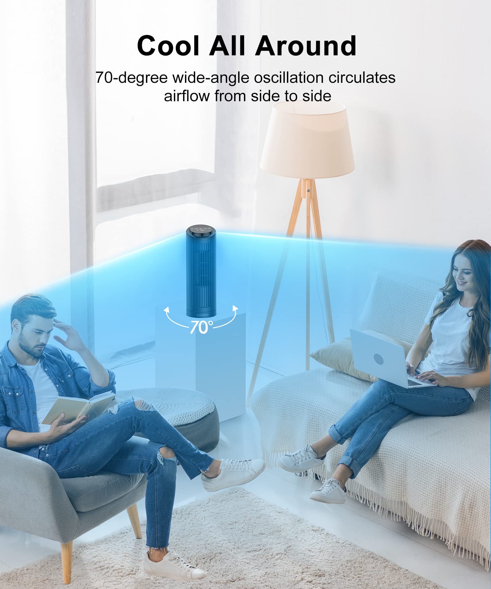 Tower Fan for Bedroom, 20ft/s Quiet Cooling Fan, 70° Oscillating Floor Fan with Remote,Led Display,3 Speed Options,4 Modes,12Timer,13“ Bladeless Portable Table Fan for Bedroom Office Home Black