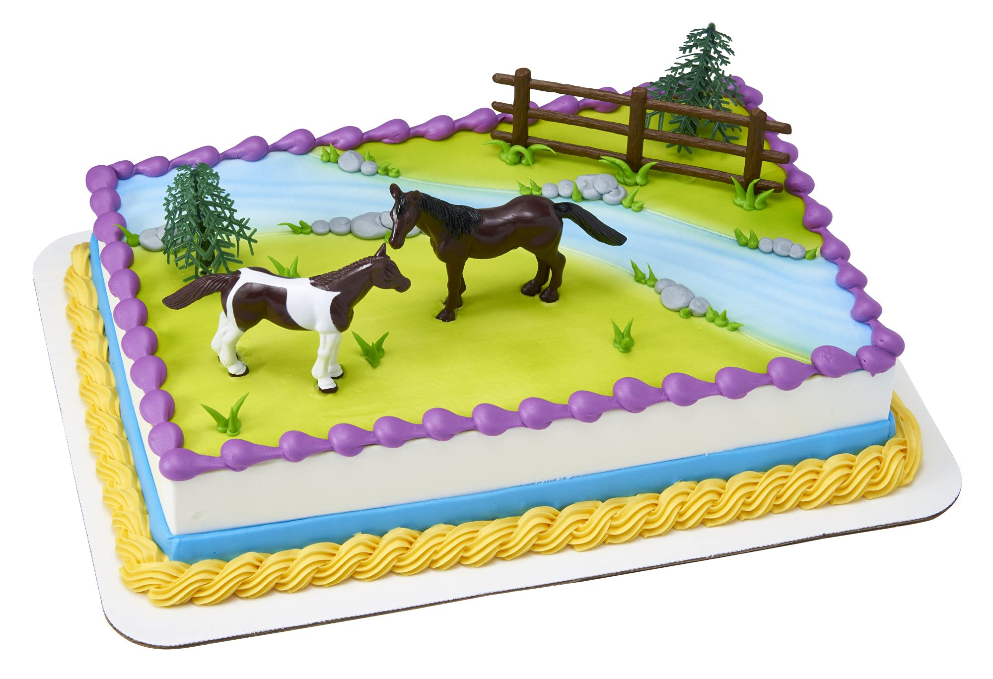 DecoSet® Horses Cake Topper, 5-Piece Topper Set Cake Decoration with 2 Horses, Fence, and Trees, Ready to Use For Equine-Themed Birthday, Celebration, Food Safe