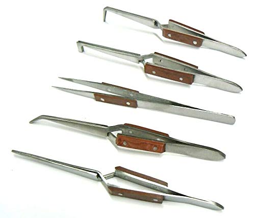 Fiber Grip Tweezers Jewelry Hobby Craft Soldering Fiber Grip Cross Locking Set Bent and Straight Tip 5 PCS By JTS