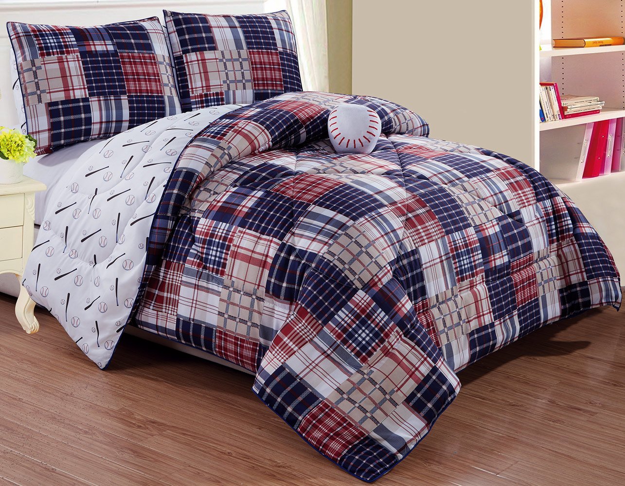 Grand Linen - 4 - Piece Kids (Double) Full Size Baseball Sports Theme Comforter Set with Plush Baseball Pillow Included - Navy Blue, Red, White and Beige Plaid. Boys, Girls, Guest Room