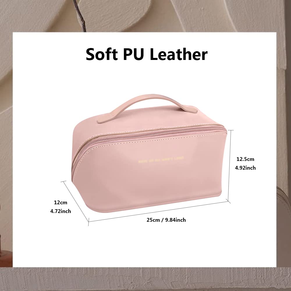 DAFUZ Makeup Bag - Large Capacity Travel Cosmetic Bag, Multifunctional Storage Leather Makeup Bag, with Handle and Divider Waterproof Travel Cosmetic Bag (Pink)