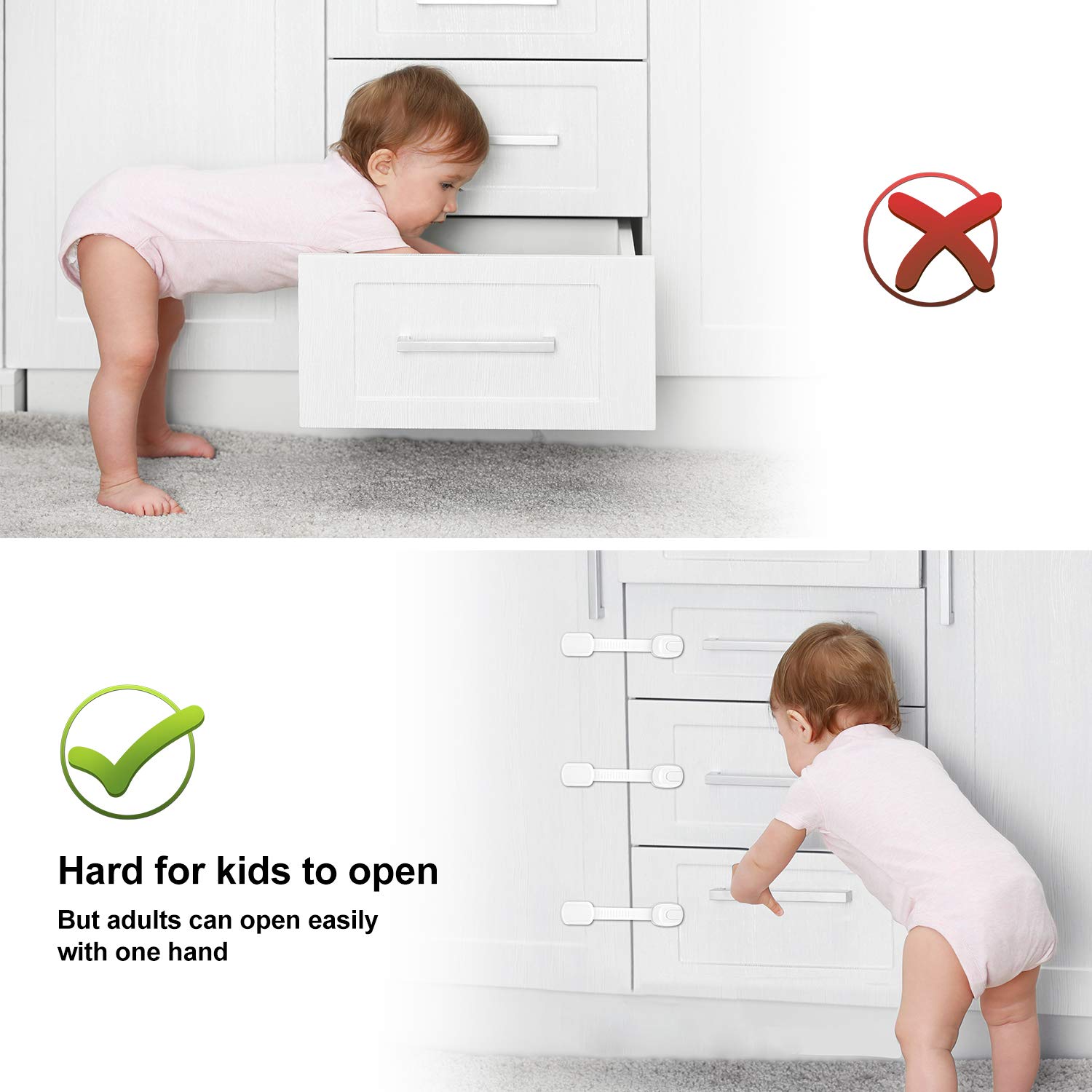 Child Safety Cabinet Strap Locks (8 + 16 Pack Baby Safety Kit) Multi Use Latches Adjustable Baby Proofing Locks for Cabinets, Refrigerator, Drawers, No Drilling Needed Child Proof Cabinet Locks