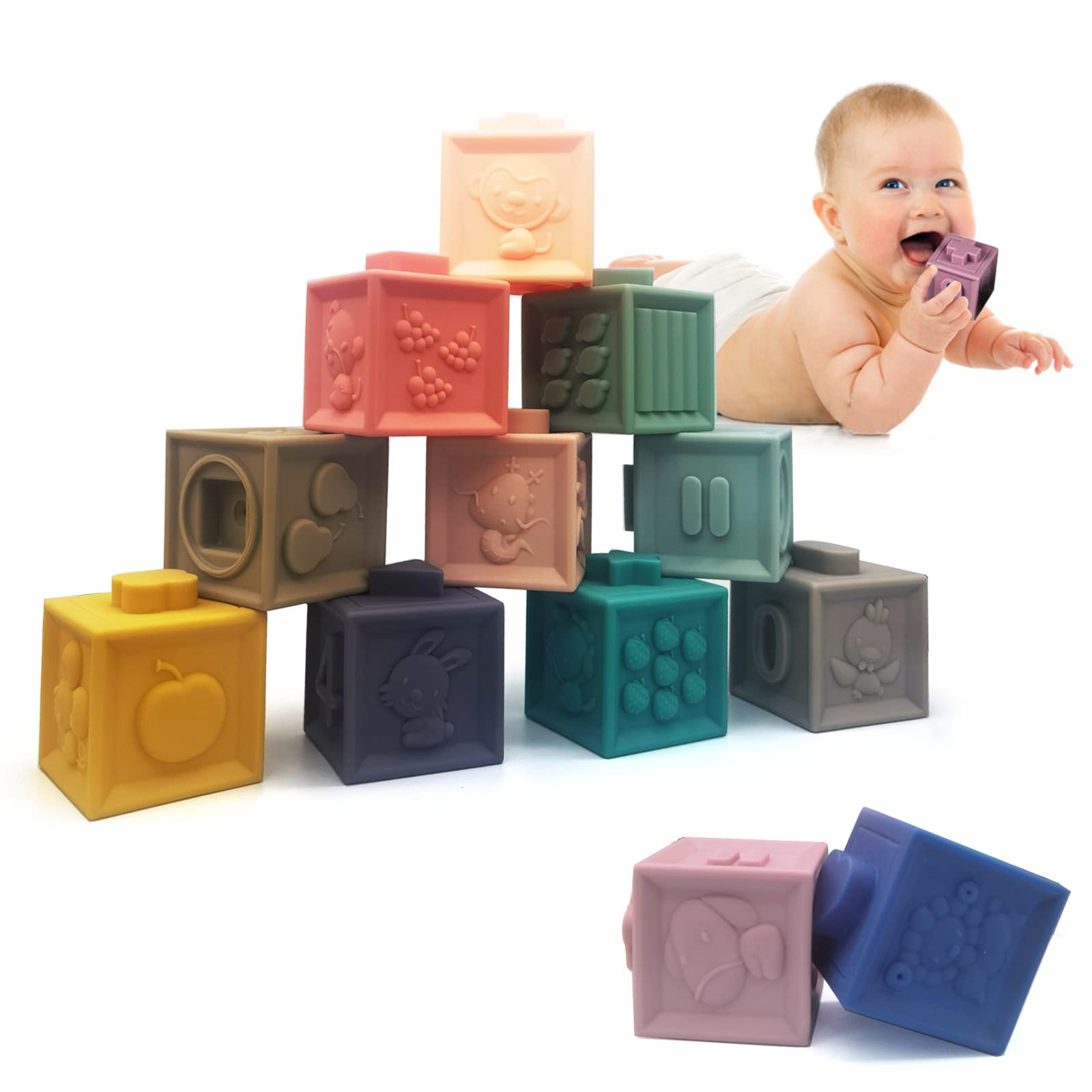 Yzata Baby Blocks Soft Building Blocks Baby Teething Toys Teethers Educational Squeeze Play with Numbers Animals Shapes Textures Gifts 6 Months and Up 12PCS