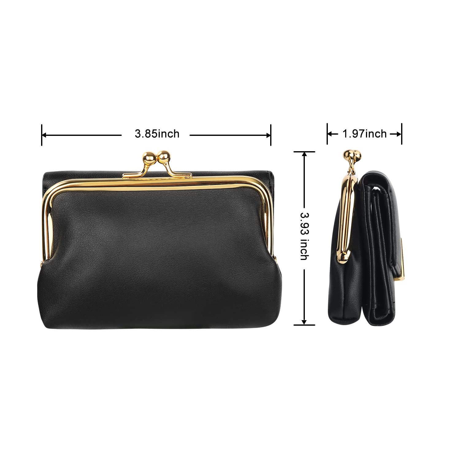 CornerLife Womens 2 in 1 Leather Wallet Small Coin Purse Compact Trifold Wallet for Women with Kiss Lock (Black)