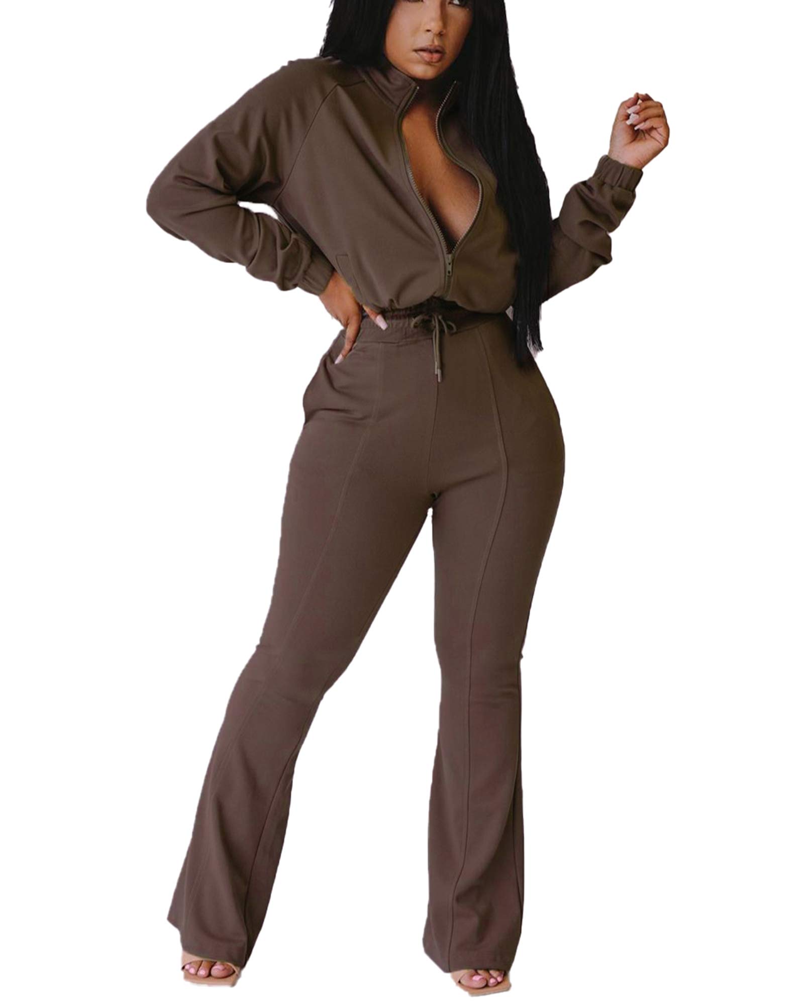 Bluewolfsea Tracksuit for Women Set - Two Piece Outfits Casual Long Sleeve Zip Top Sweatshirt + Bell Bottoms Jogging Sets XX-Large Brown