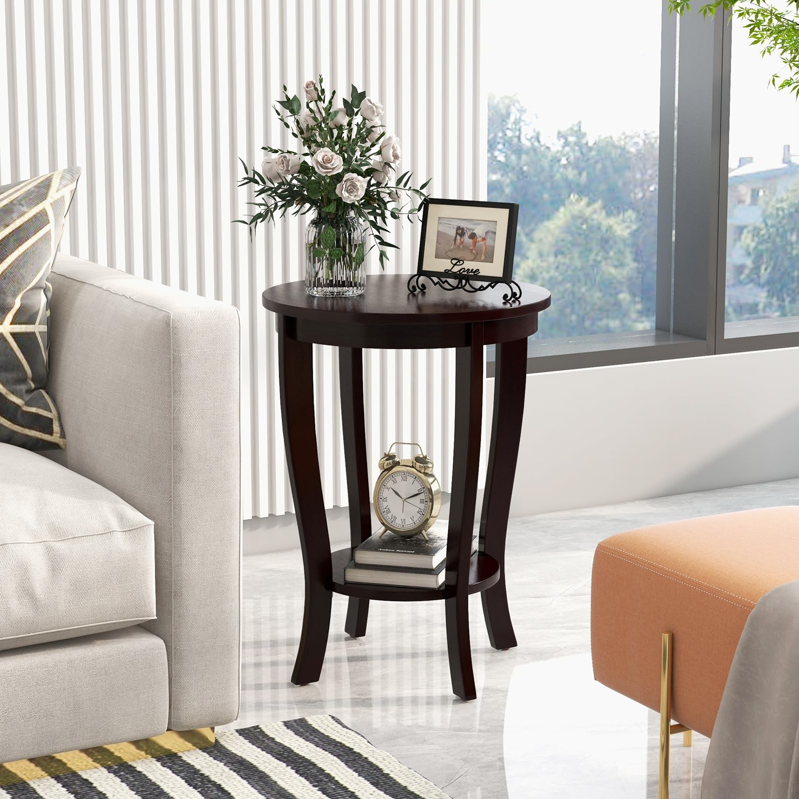 GOFLAME 2-Tier Round End Table, 18β Sofa Side Table with Storage Shelf, Floor Tea Table with Solid Wood Legs, Compact Nightstand for Small Space, Living Room, Bedroom, Espresso
