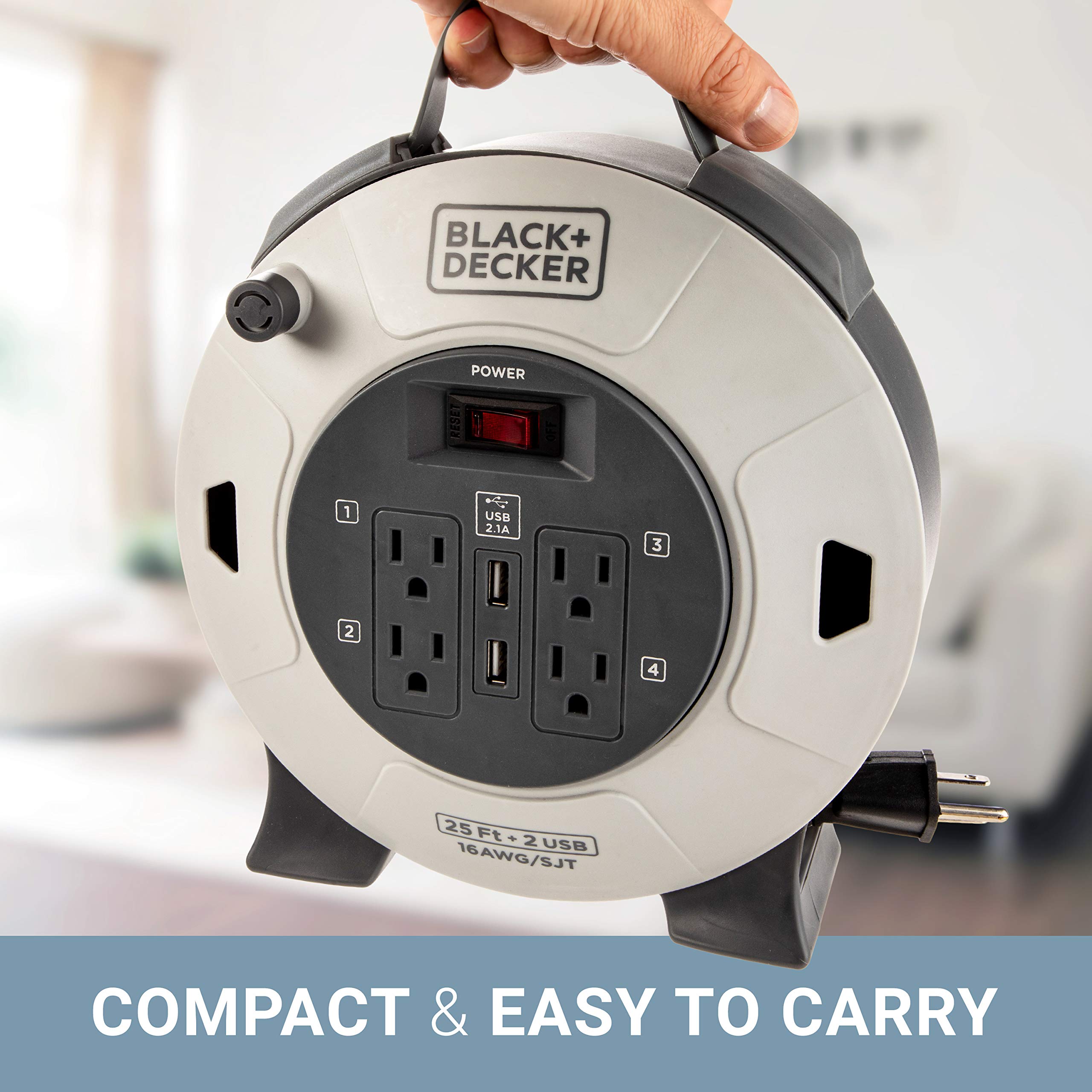 BLACK+DECKER Retractable Extension Cord Reel 20 Ft. With 4 Outlets, Multi-Plug Extension, Thermal Breaker Reset Button & Heavy-Duty 16AWG SJT Cable