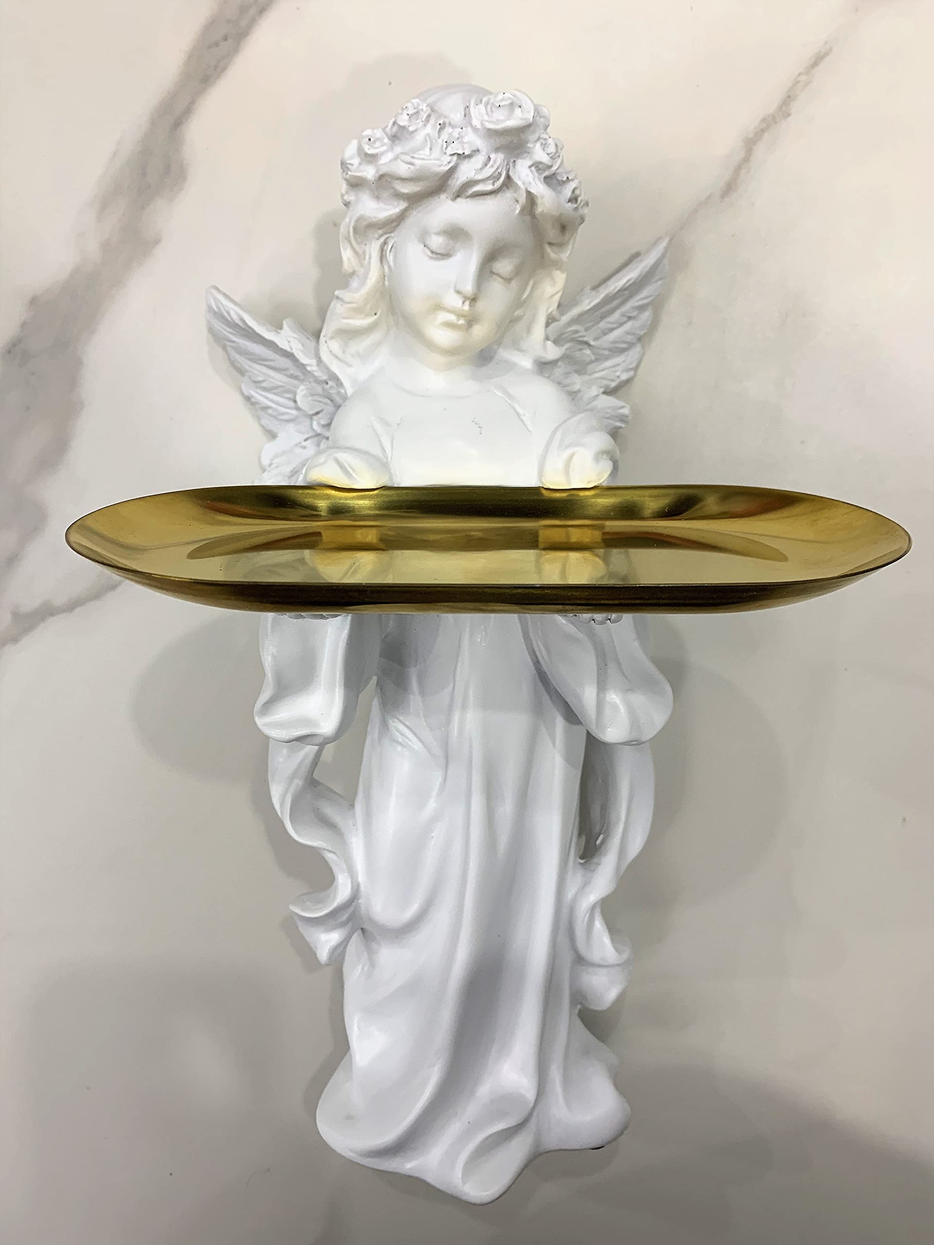 Z1SR Desktop Angel Figurines Holding Storage Tray, 12'' Tall Watch Key Snack Jewelry Holder Decorative Tray Resin Angel Statue with Tray in Hands Home Office Desktop Decoration, White
