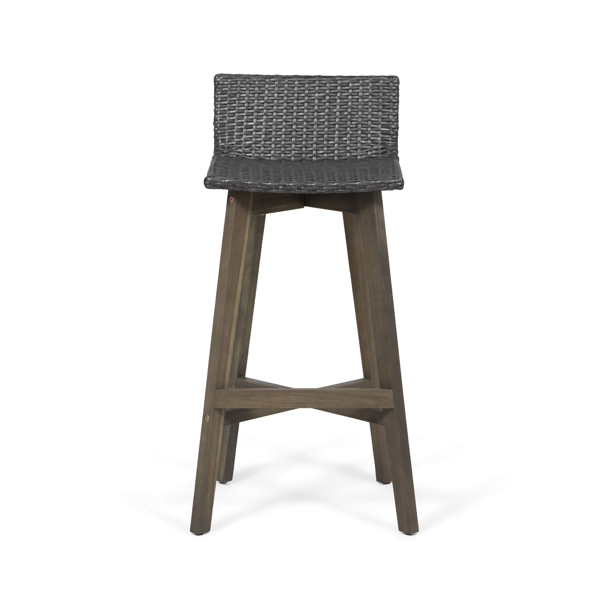 GDFStudio Outdoor Acacia Wood & Wicker Barstools (Set of 2), Gray