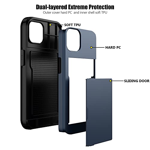 Nvollnoe for iPhone 14 Case with Card Holder Heavy Duty Protective Dual Layer Shockproof Hidden Card Slot Slim Wallet Case for iPhone 14 for Women&Men(Blue)