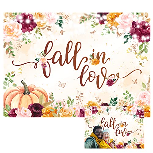 Fall in Love Background Decoration Autumn Watercolor Floral Pumpkin Background Suitable for Wedding Bridal Shower Photo Booth Props Decoration Supplies - 7×5Ft