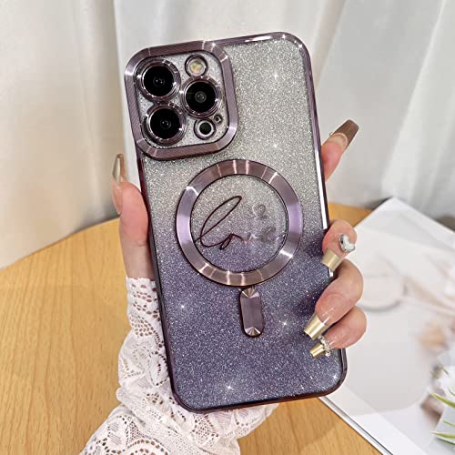 Fiyart Compatible with iPhone 14 Pro Max Case,Compatible with MagSafe Love Heart Plating Camera Protection Clear Phone Case, Magnetic Glitter for Women Girls Shockproof Back Bumper 6.7"-Purple