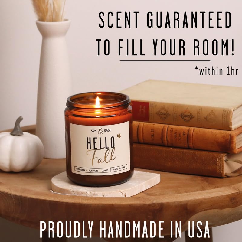 Fall Candles - 'Hello Fall Candle'' Autumn Scented Soy Candles for Home, Fall Scented Candles for Home, Fall Home Décor, 9oz Reusable Jar, 50Hr Burn, Made in USA