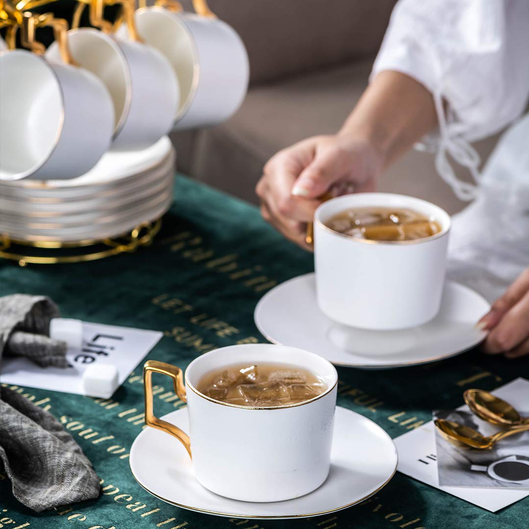 CHILDIKE Ceramic Demitasse Espresso Cups Set with Saucers and Metal Stand, 7 oz Porcelain Stackable Cappuccino Cups for Tea, Latte, Coffee, Cafe Mocha, Set of 6, Matte White