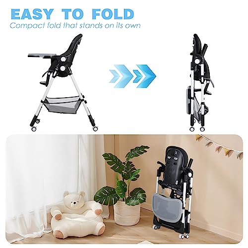 Kinder King High Chair for Babies & Toddlers, Simple Fold Highchair w/Large Storage Basket, Adjustable Height, Recline & Footrest, Detachable Double Trays, 4 Lockable Wheels, Easy to Clean, Black