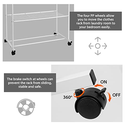 Moclever Rolling Clothes Racks For Hanging Clothes, Garment Rolling Rack With Wheels Double Rails Clothes Rack Rolling Rack For Indoor Bedroom Clothes Rack