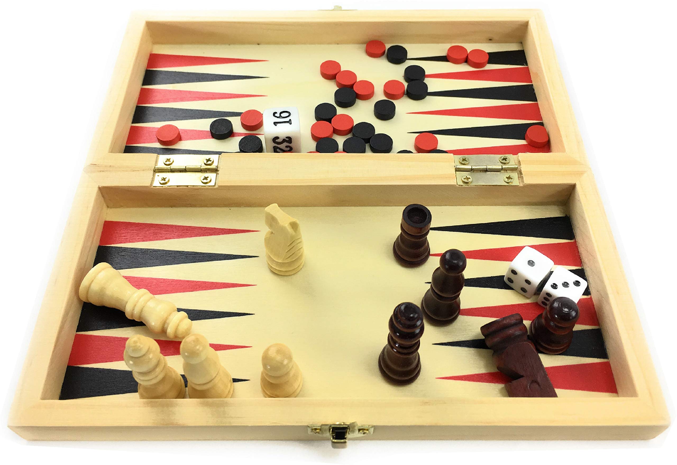 Matty's Toy Stop Deluxe 15" Backgammon Briefcase (Vinyl Gray Attache) with 3-in-1 Chess, Checkers & Backgammon Wooden Travel Games Set (8")