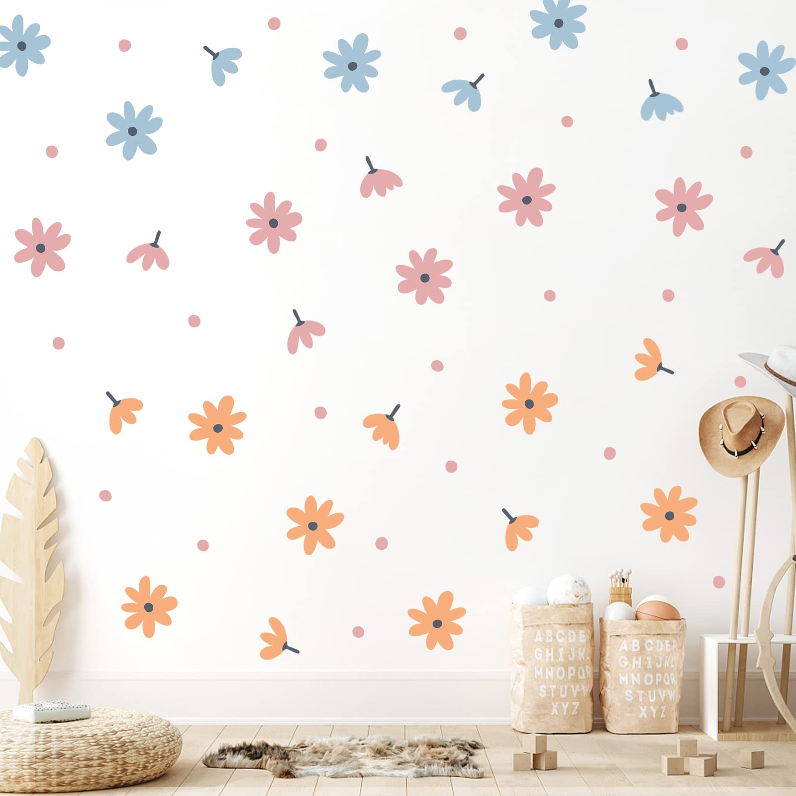 Daisy Wall Decals,Flower and Dots Retro Decor for Bedroom, Nursery, Kids’ Room(2)