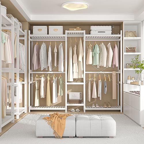 Homykic Bamboo Clothes Rack, Large Closet System Clothing Rack for Hanging Clothes, Freestanding Garment Rack with Shelves and 5 Rods, Open Wardrobe Organizer with 4 Hooks, 70”Wx77”H, White