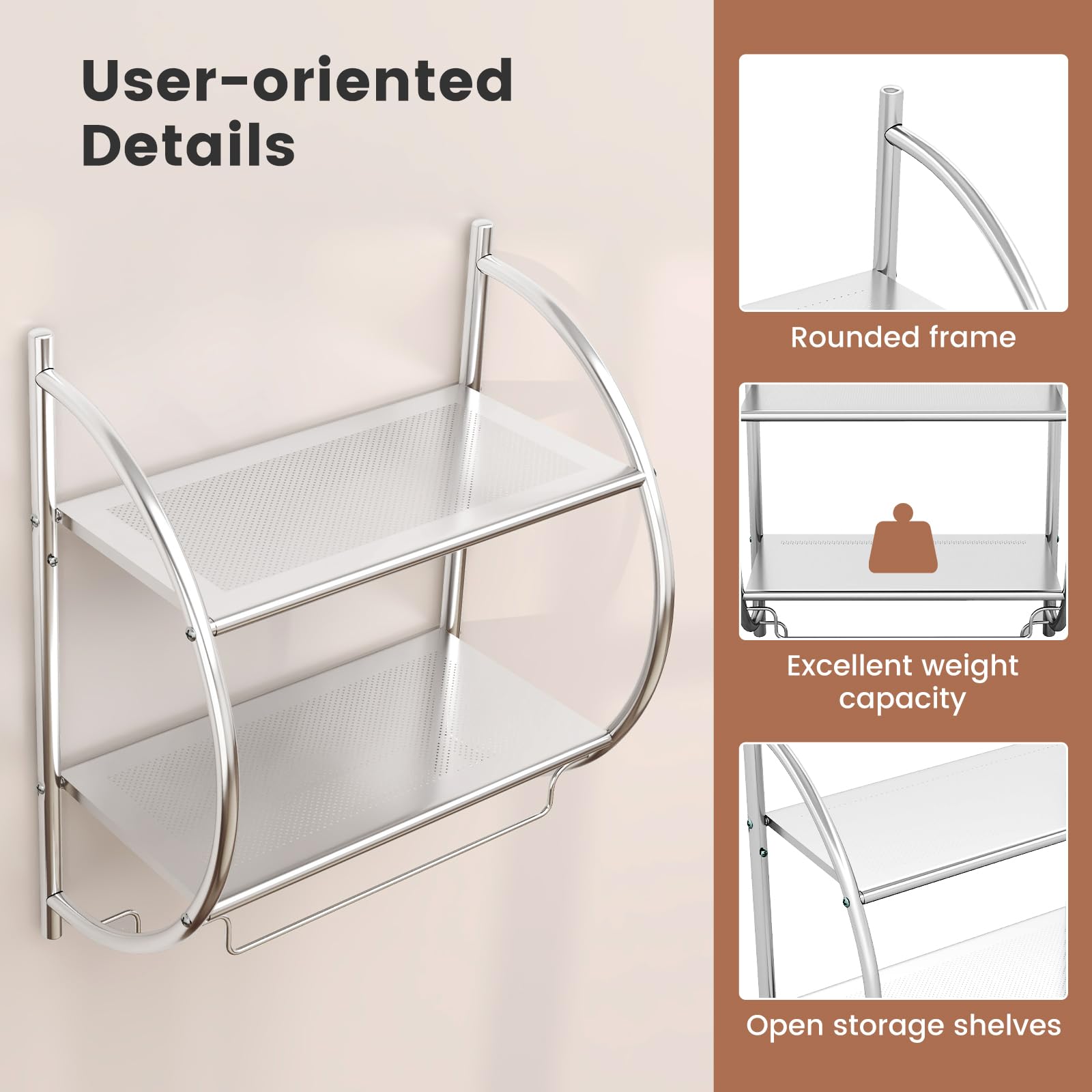GOFLAME Wall Mounted Bathroom Shelf, 2-Tier Chrome Towel Rack with Leaky Design Shelves, Towel Bars, Chrome Bathroom Shelf for Living Room Kitchen Bathroom (1, Silver)
