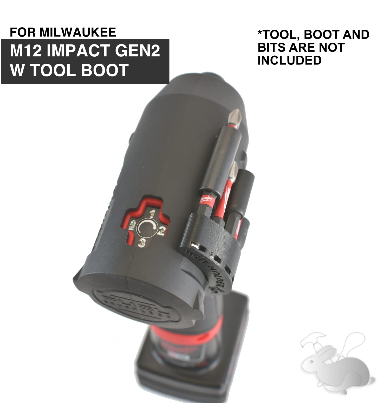 DIY Rabbit M12 Bit Holder for Milwaukee M12 Impact Surge driver Gen 2 with protective BOOT (RH), Magnetic 1/4 hex Drill Bits Organizer for M12 Fuel 2553,2551, Milwaukee Packout Tool Holder Accessories