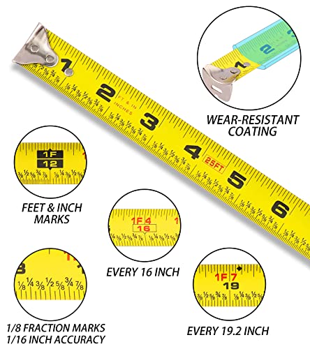 DOWELL Measuring Tape Measure 25ft Measurement Tape Steel Blade Shock Absorbent Solid Rubber Case Accurate Easy Read with Fractions 1/8 for Construction Contractor Carpenter Architect Woodworking (1)