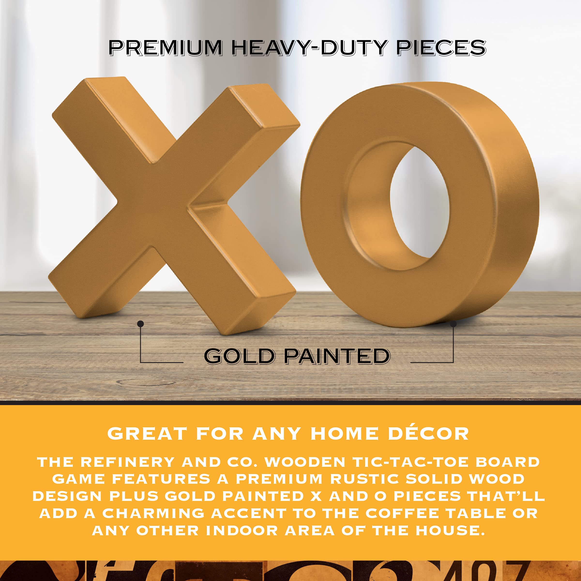 Refinery Premium Solid Wood Tic-Tac-Toe Board Game, Giant Gold 14β Coffee Table Home Decor, Classic Indoor/Outdoor Party Game for Children & Adults