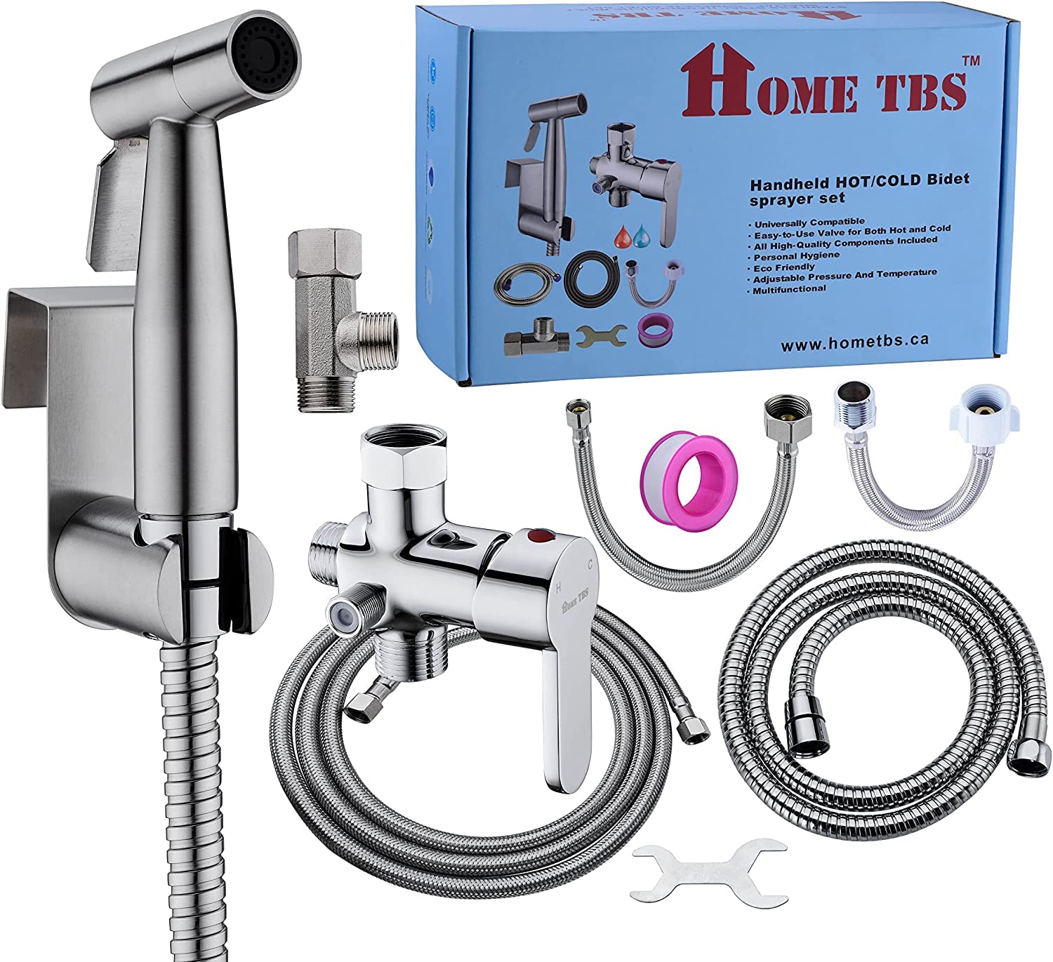 Home TBS Bidet Hot and Cold Handheld Spray Jet Shattaf with 6 inches Extension 7/8 male7/8 Female and 12 inches Toilet Connector New Set Stainless Steel Douchette Mixing Valve Sprayer Muslim Shower