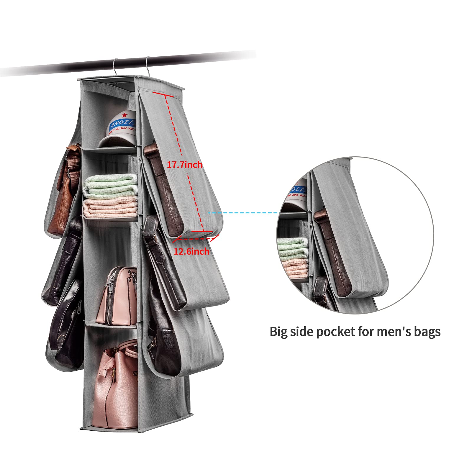 REGELETO Purse Organizer for Closet with 10 Pockets, Breathable Handbag Organizer Storage for Handbags Purses, Clothes and Other Accessories (Grey)