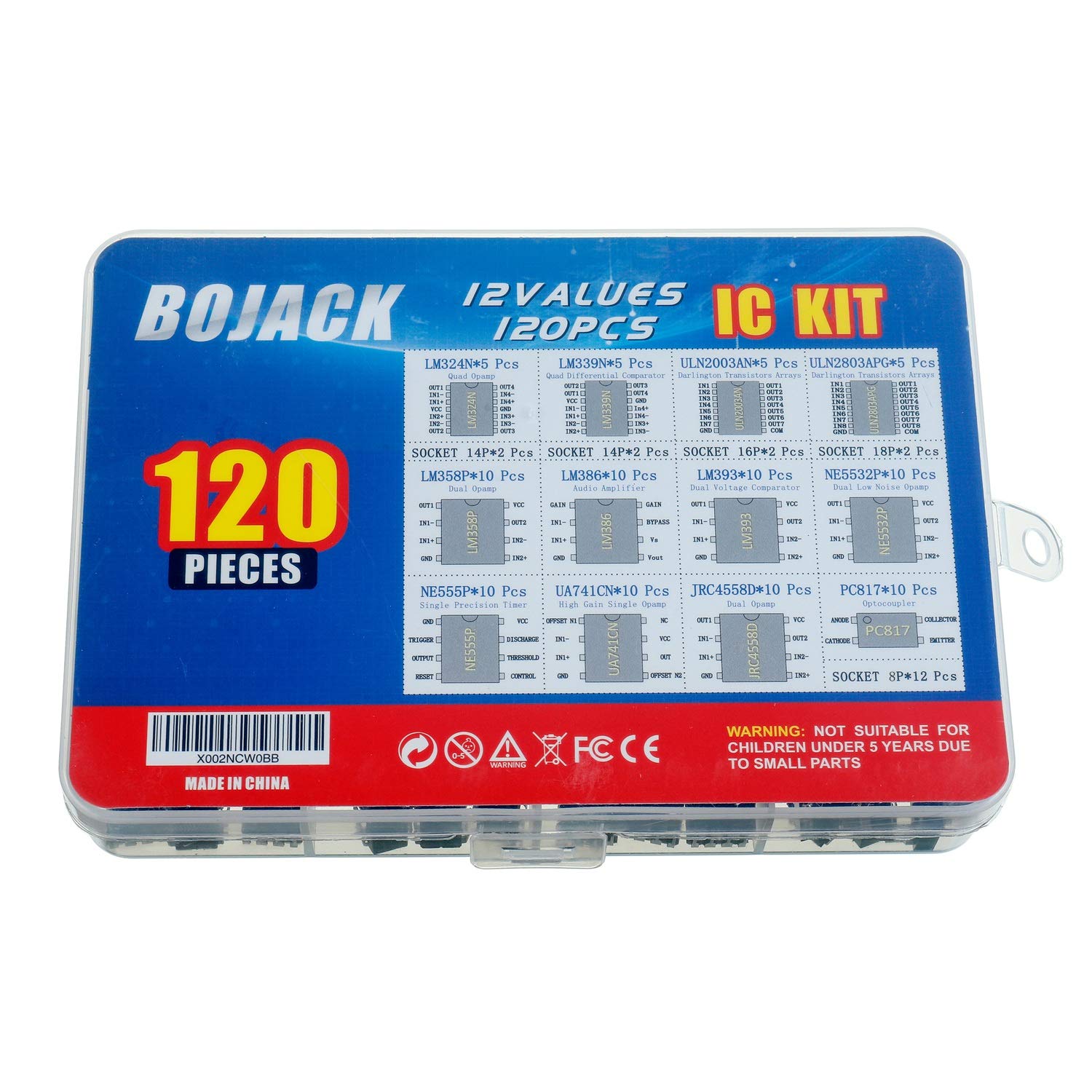 BOJACK 12 Values 120 Pcs Opamp Timer Darlington Phototcoupler LM324 LM339 ULN2003AN ULN2803APG LM358P LM386 LM393 NE5532P NE555P UA741CN JRC4558D PC817 IC Assortment Kit