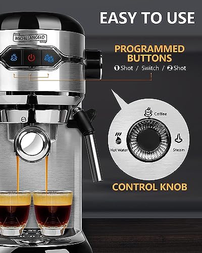 MICHELANGELO 15 Bar Espresso Machine with Milk Frother, Expresso Coffee Machines, Stainless Steel Espresso Maker for Cappuccino and Latte, Small Coffee Maker with Frother - Compact Design for Home