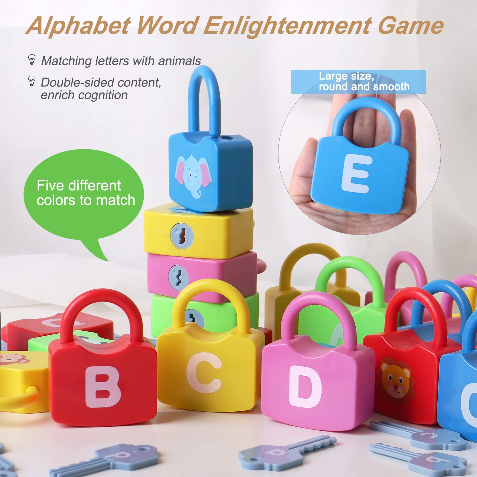 YECEN Color ABC Learning Lock Educational Letter Combination-with 26 Locks, 26 Keys Montessori Preschool Alphabet Learning Game Early Education Toys