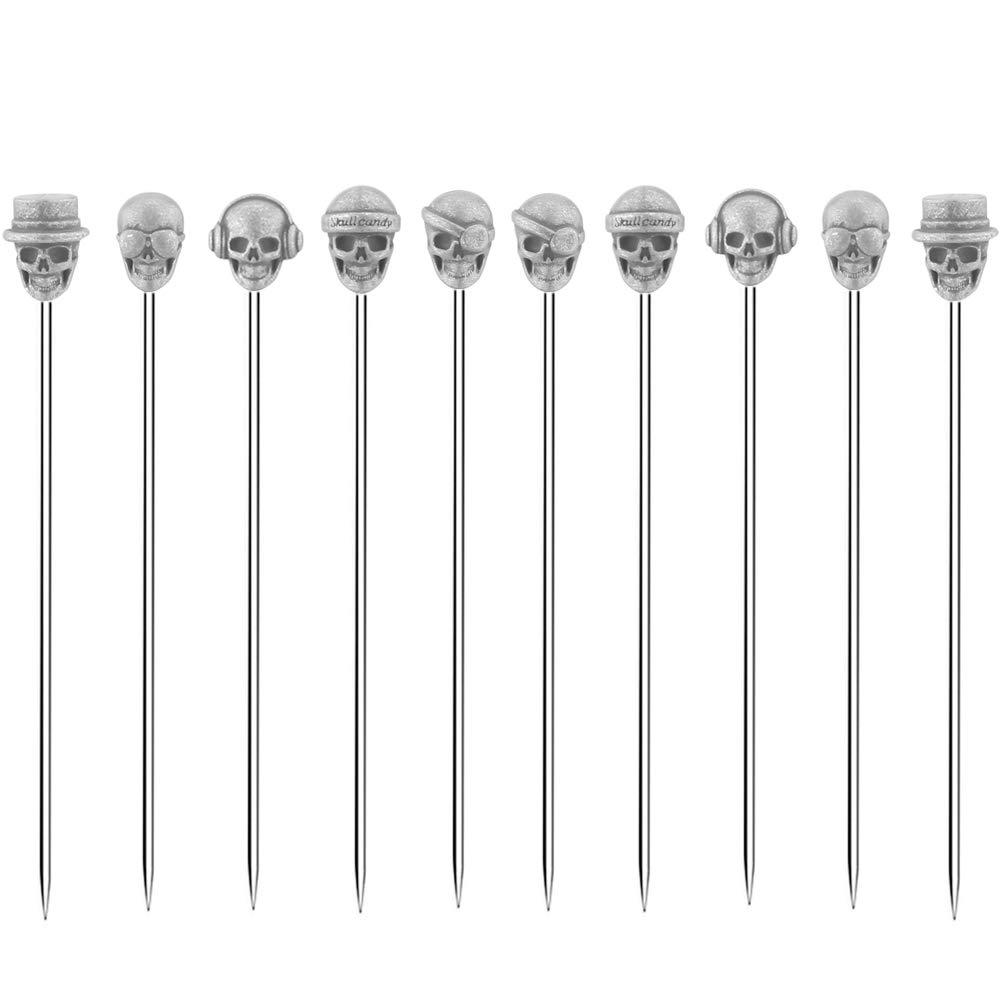 DEEKOUDT Skull Cocktail Picks Martini Picks Reusable Olive Picks Garnish Skewer Fruit Toothpicks Pack of 10 (Antique Silver)
