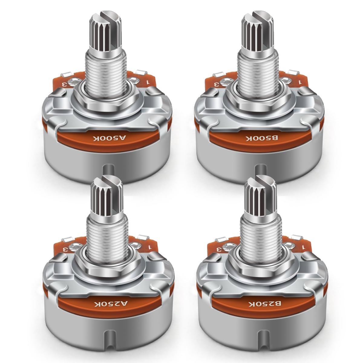 SAPHUE 4PCS A250K+B250K+A500K+B500K Push Pull Potentiometer Brass Metric Coarse 18-Spline Split Shaft Pots Audio Taper Potentiometers for Electric Guitar Bass,2T2V (250K&500K)